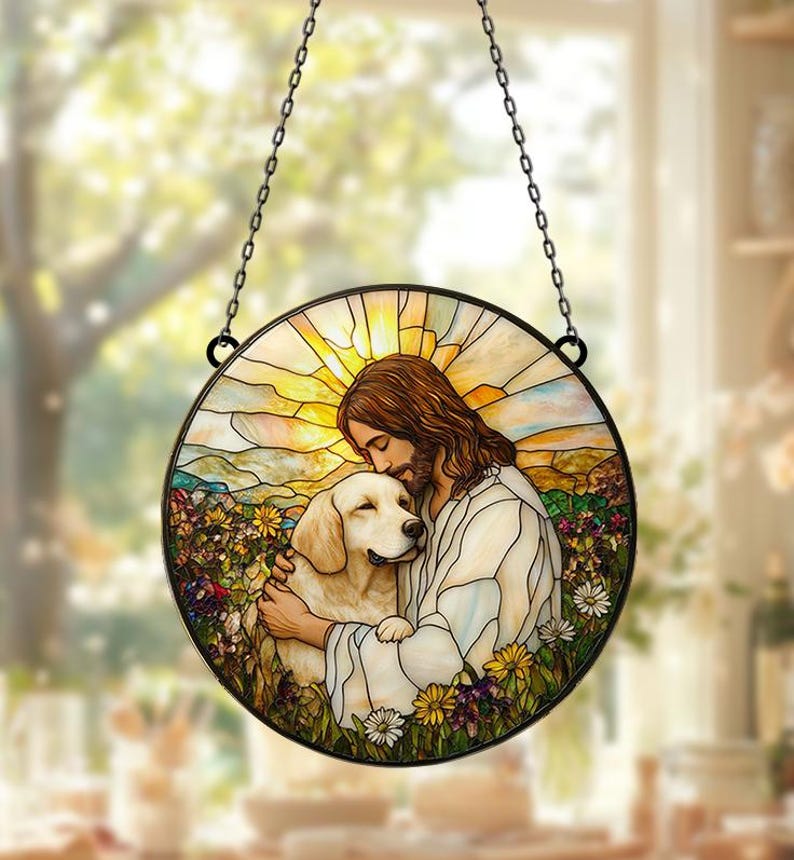 Acrylic Jesus Christ Hugging Labrador Retriever Suncatcher, Memorial ...