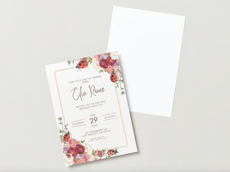 Floral Ladybug Birthday Invitation Template – Editable Canva Design - Etsy