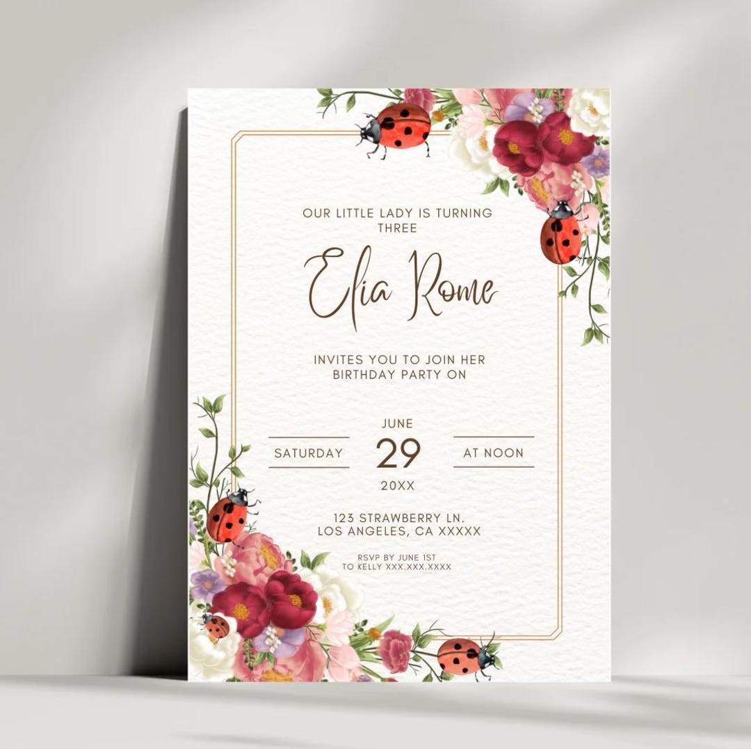 Editable Ladybug Theme Birthday Invitation Template - Floral Ladybug ...