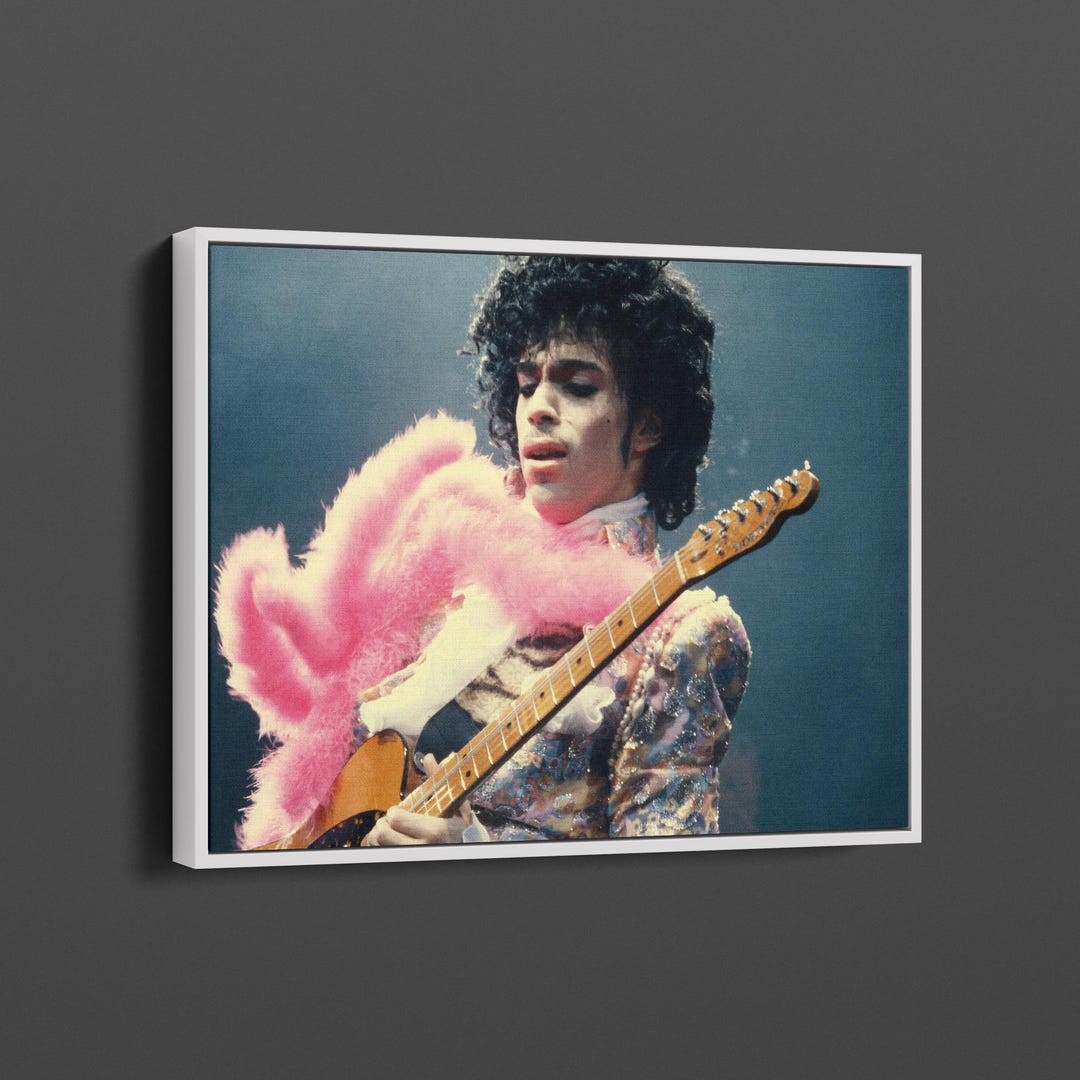 Pink Feathery Flower Prince Playing Guitar Canvas Wall Art, Retro Music ...