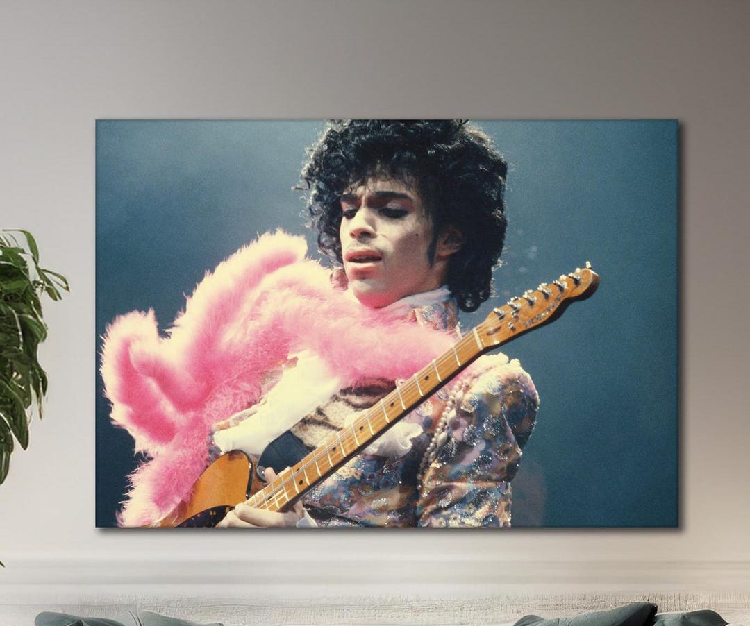 Pink Feathery Flower Prince Playing Guitar Canvas Wall Art, Retro Music ...