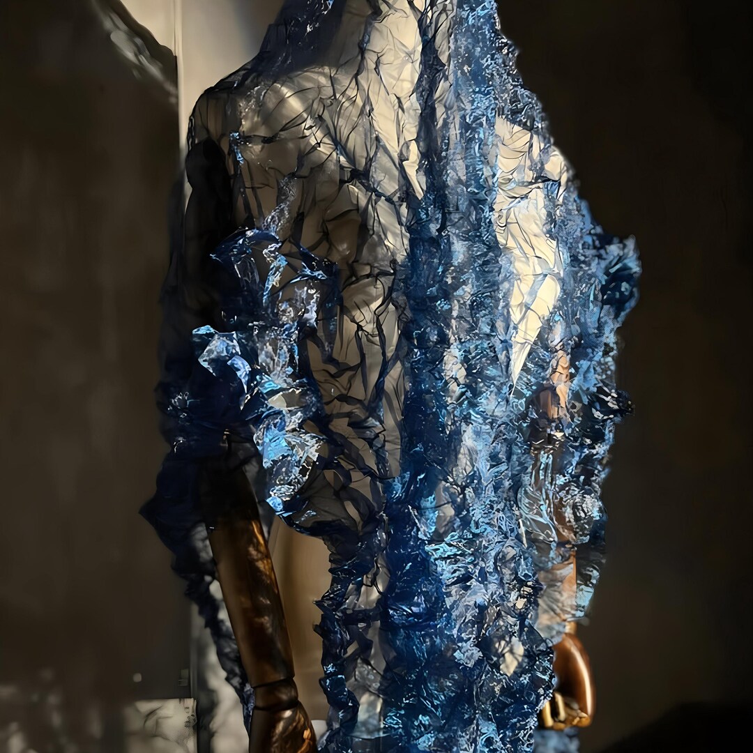 Diamond Blue Crystal Pleated Mesh Fabric - Iridescent 3D Texture for ...