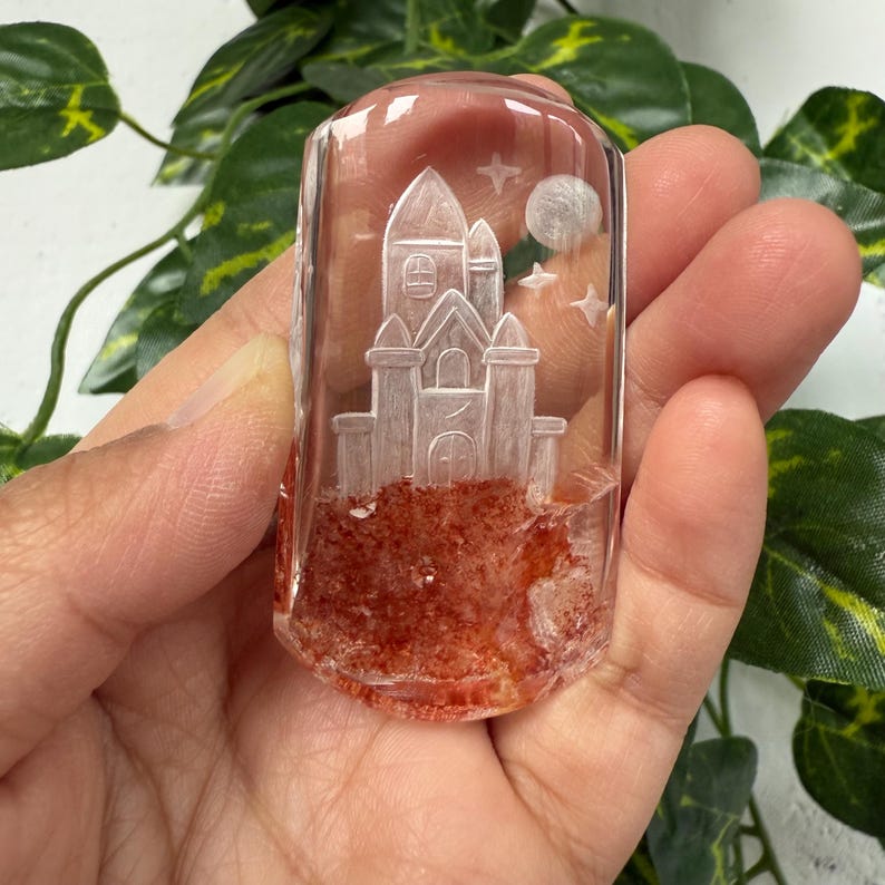 Clear Quartz Castle Intaglio, Gold Hematoid Crystal Palm Stone - Etsy