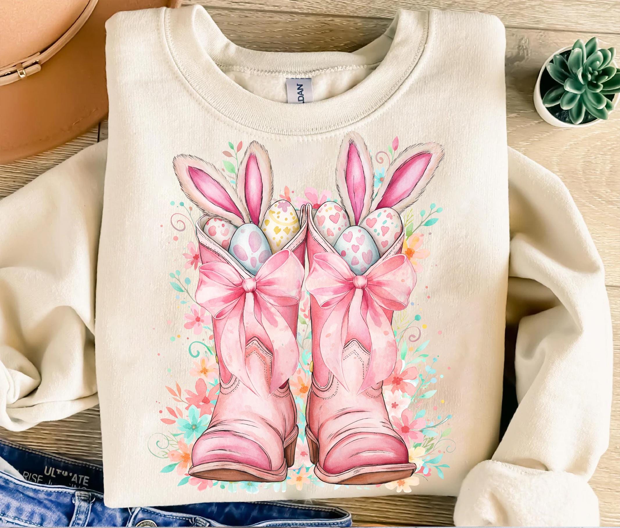 Easter Bunny PNG, Pink Cowboy Boots With Eggs, Watercolor Spring Design ...