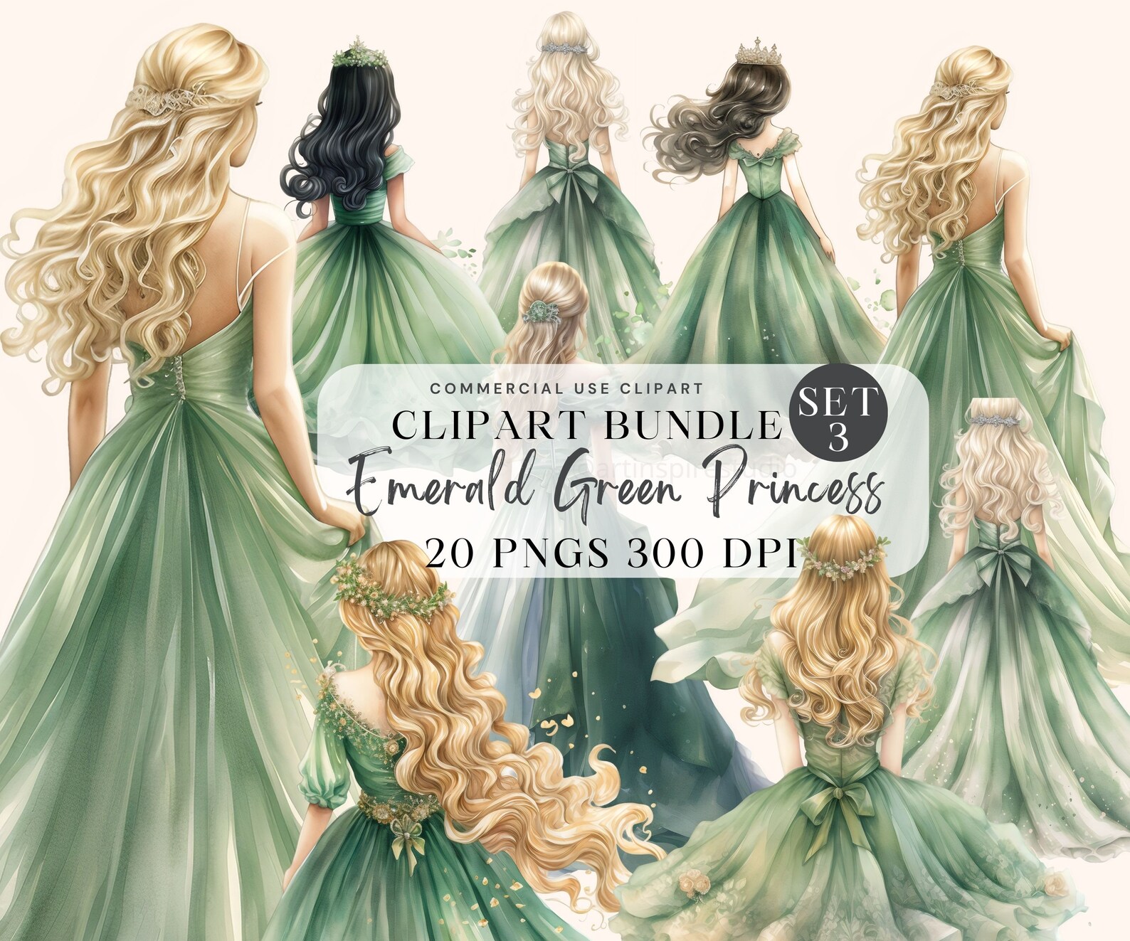 Emerald Green Princess Watercolor Clipart, Little Princess Clipart ...
