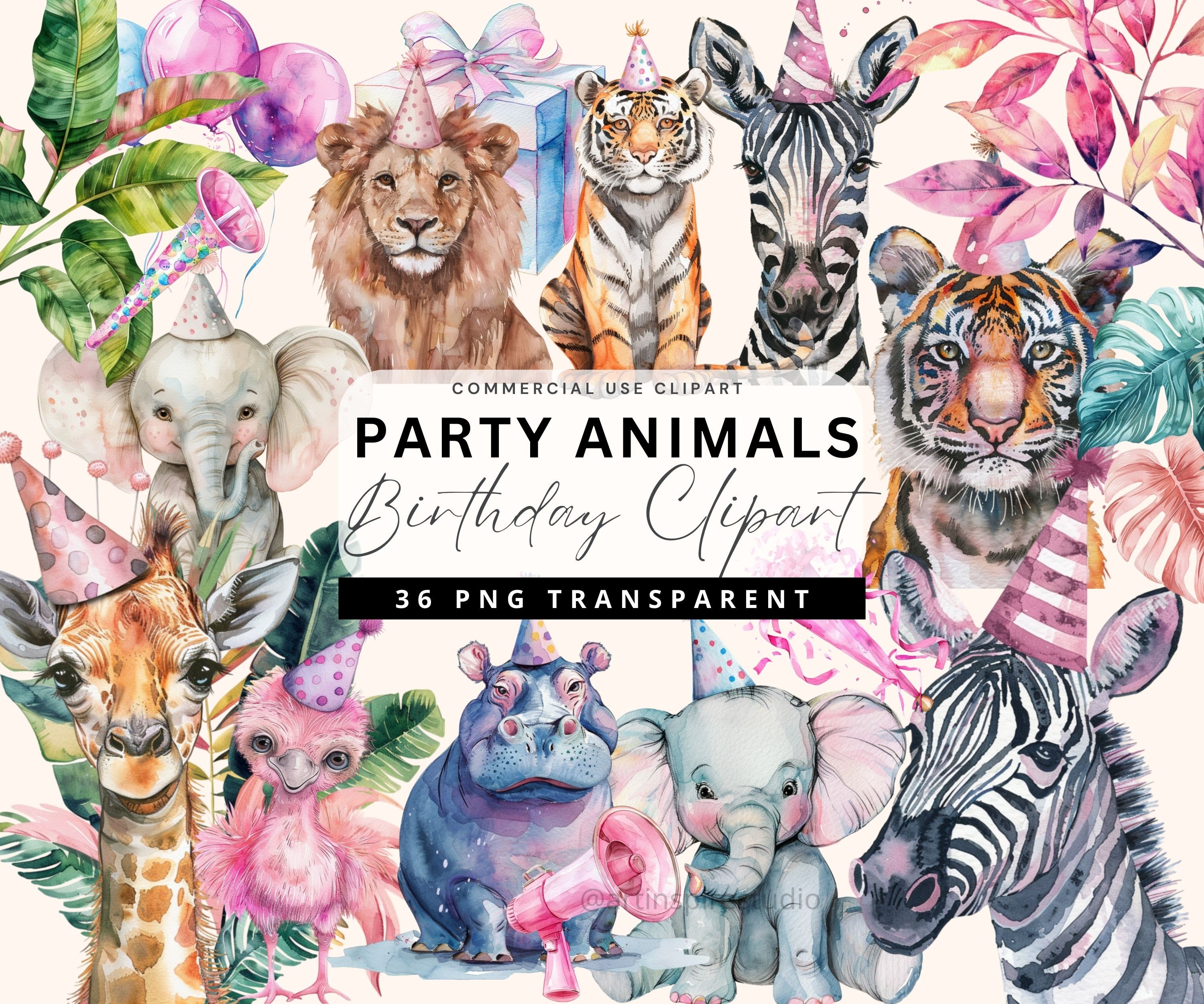 Party Animals Clipart, Birthday Party Clipart, Jungle Animals Birthday ...