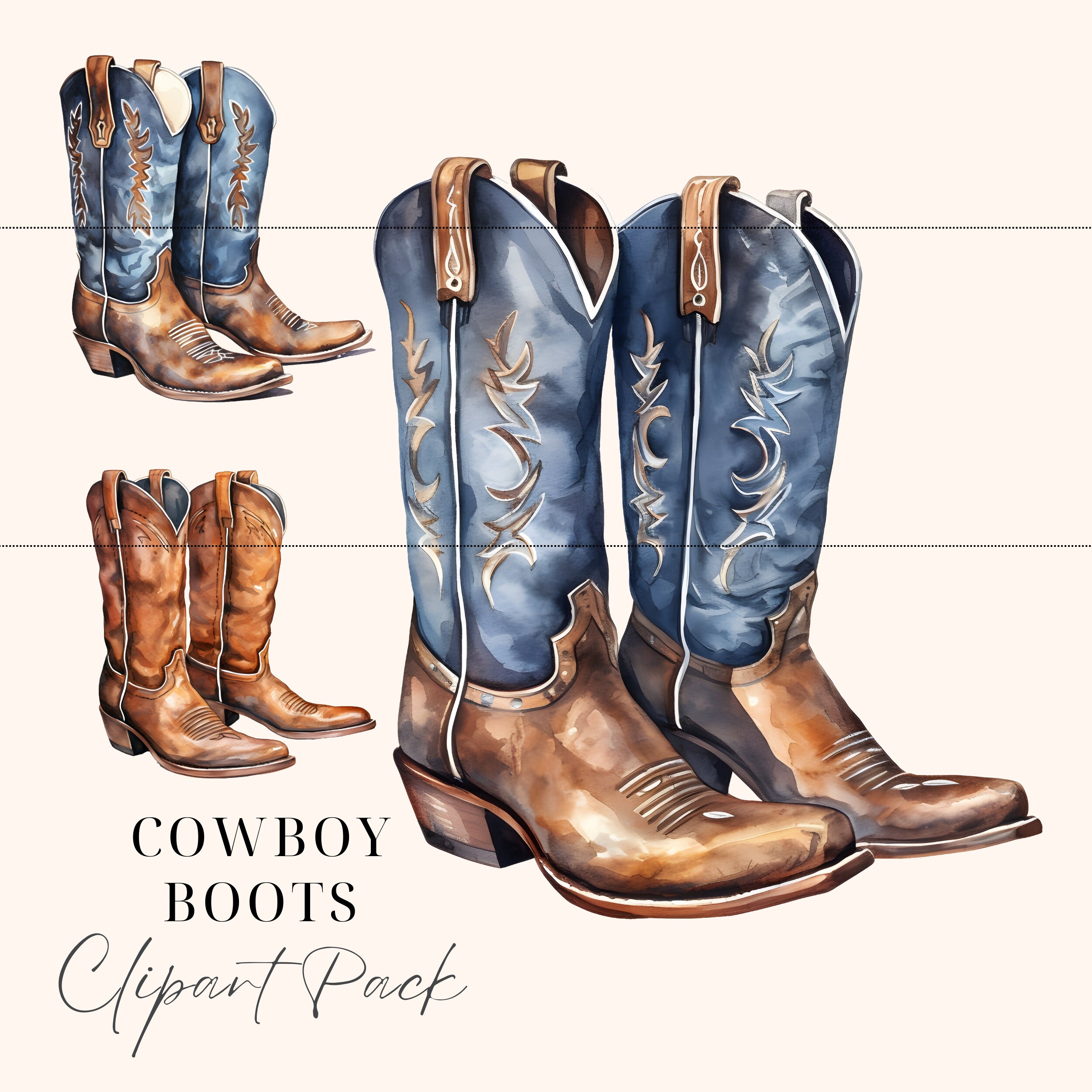 Watercolor Cowboy Boot Clipart, Western Boots Clipart for Commercial ...