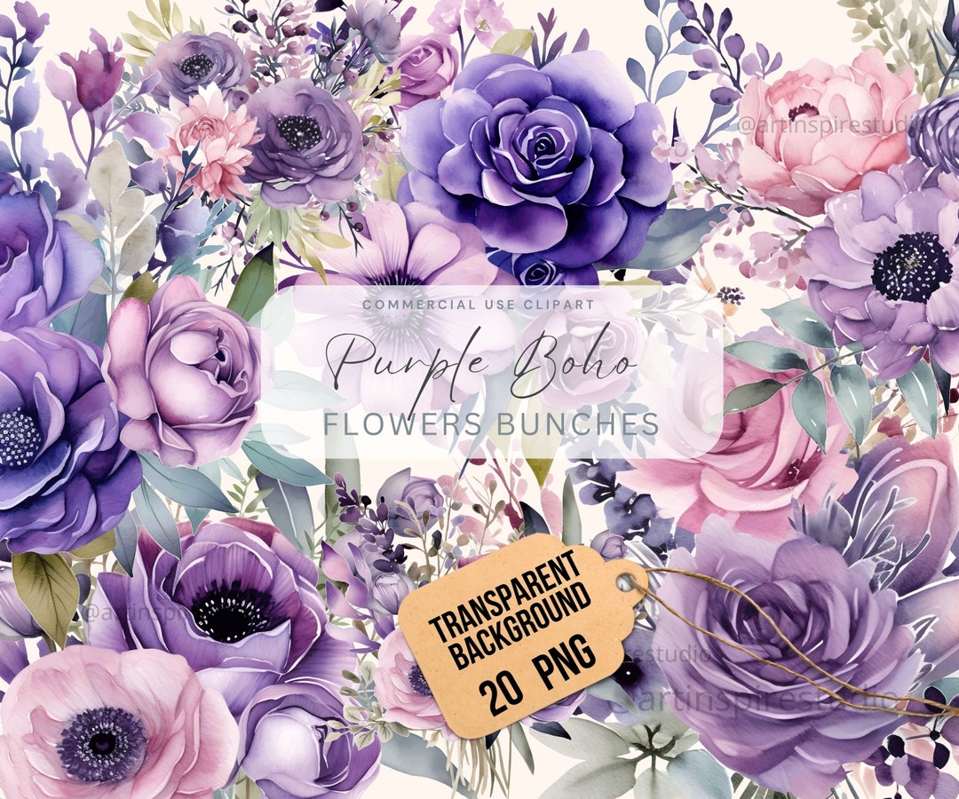 Watercolor Purple Boho Bouquet Clipart, Purple Flower Clipart PNG ...
