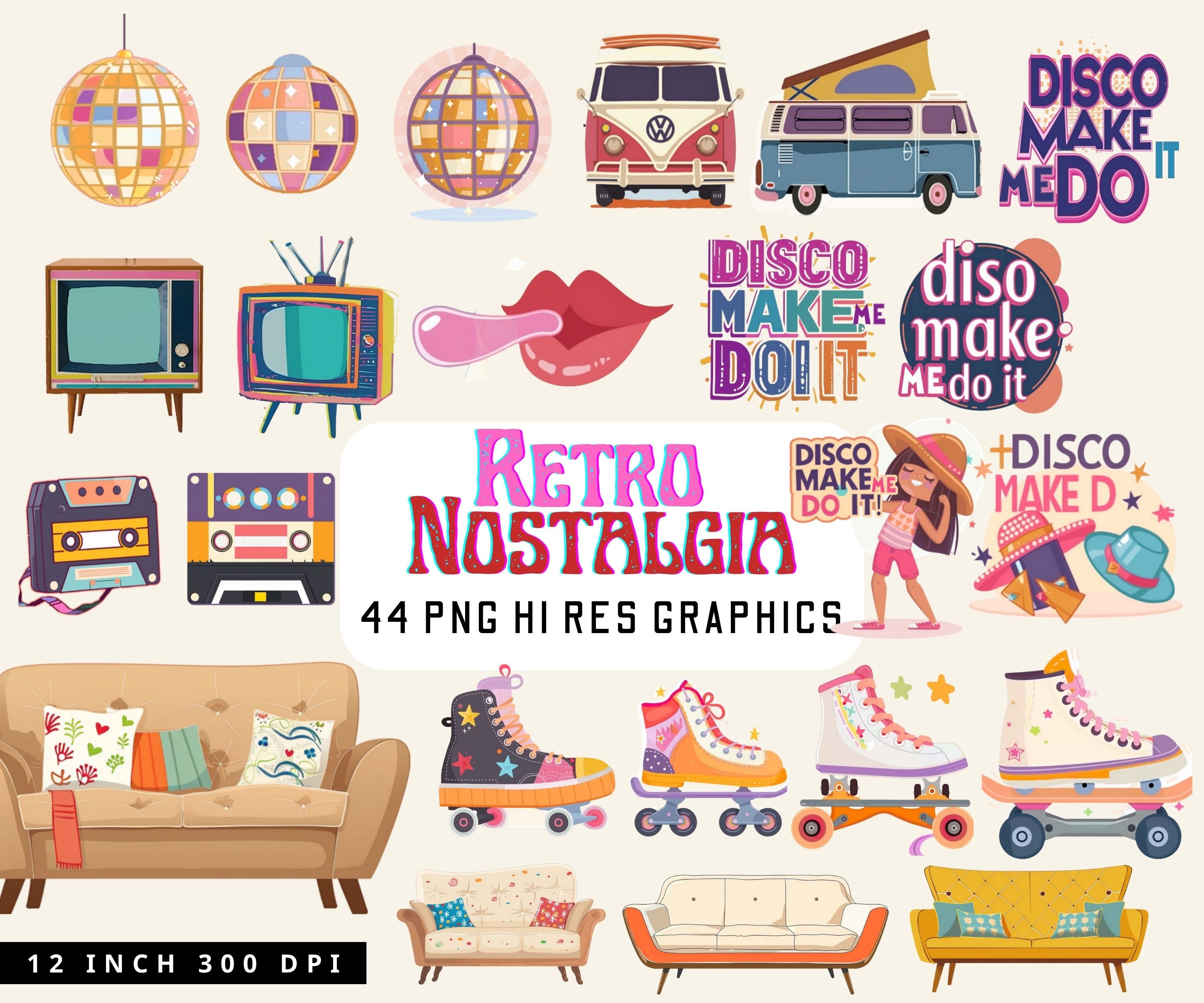 Retro Clipart, Groovy Clipart, Roller Skates Clipart, Smile Boho ...