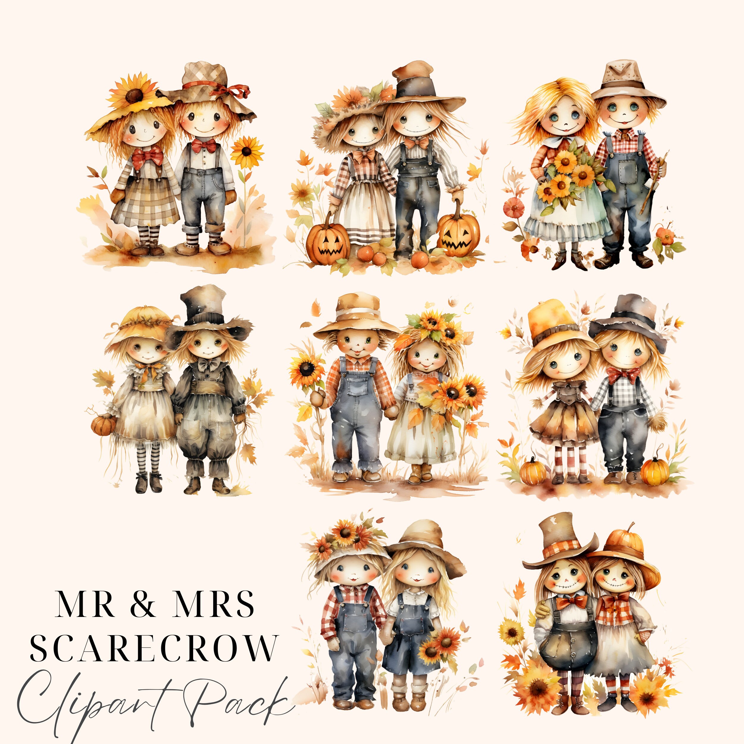 Mr and Mrs Scarecrow Clipart, Scarecrow Clip Art Fall Watercolor ...