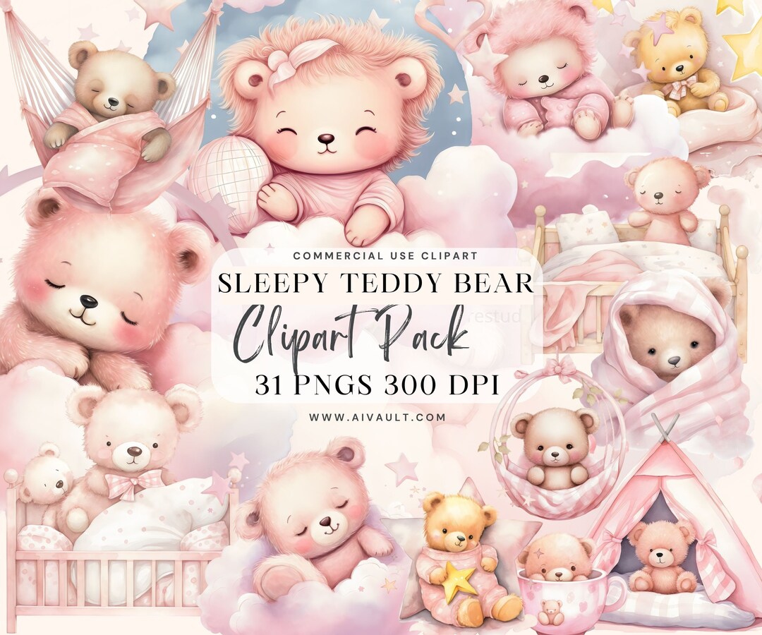 Watercolor Sleepy Teddy Bear Clipart, Baby Shower Clip Art, Cute Pink ...