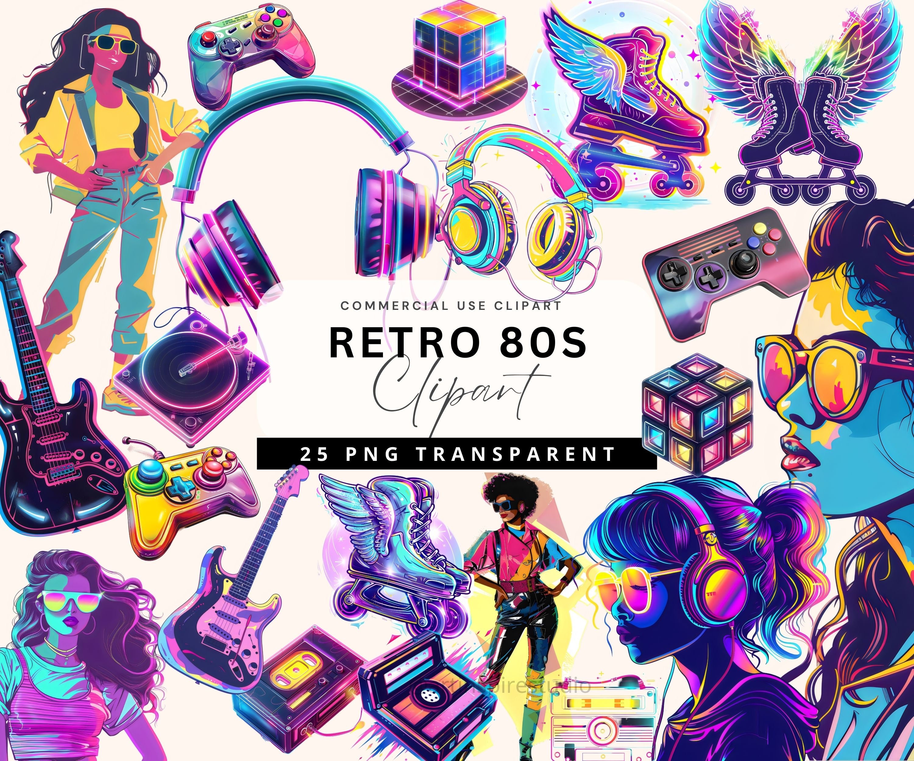 Neon 80S Clipart, 90s Clipart, Retro Party Clipart, Roller Party ...