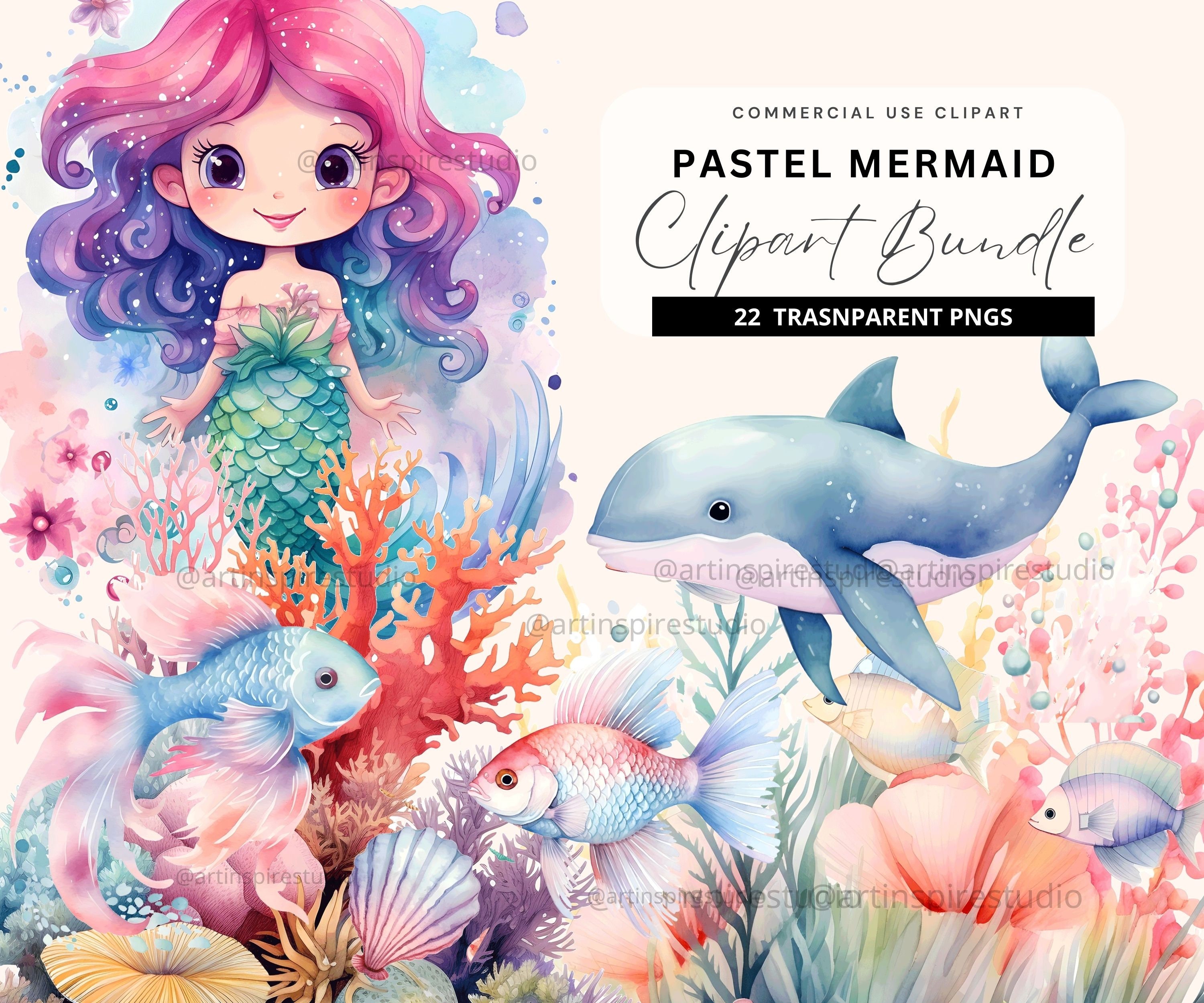 Mermaid Clipart Pastel Under the Sea Clipart Watercolour Mermaid Png ...