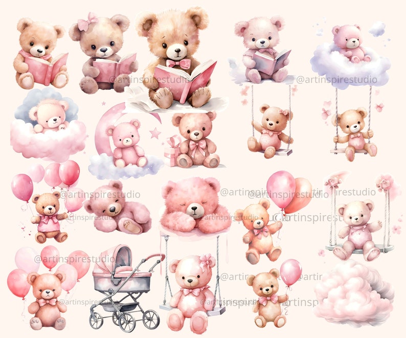 Watercolor Teddy Bear Clipart Cute Teddy Bear Clipart Girl - Etsy