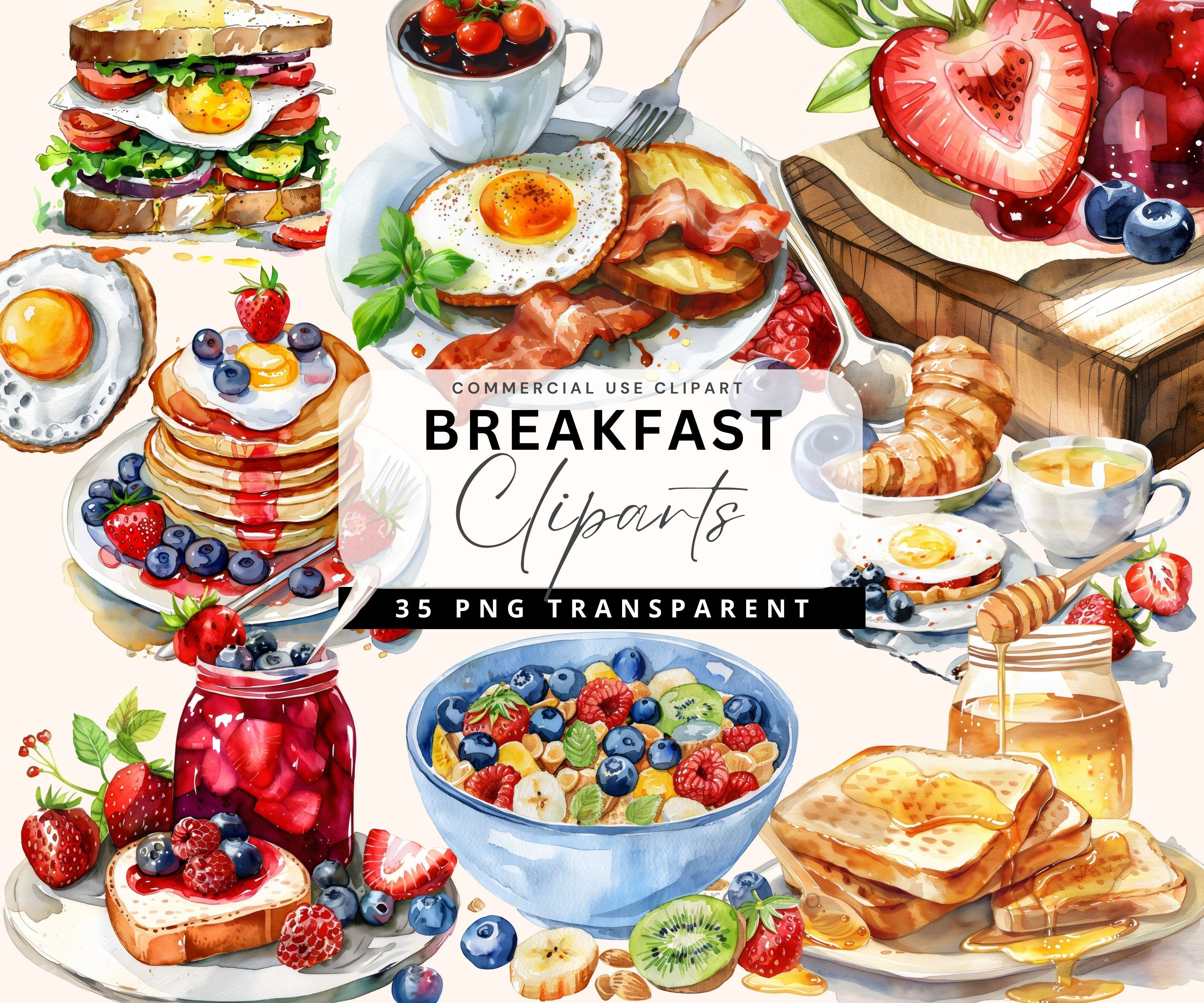 Watercolor Breakfast Foods Clipart, Coffee Bacon and Egg Clip Art ...