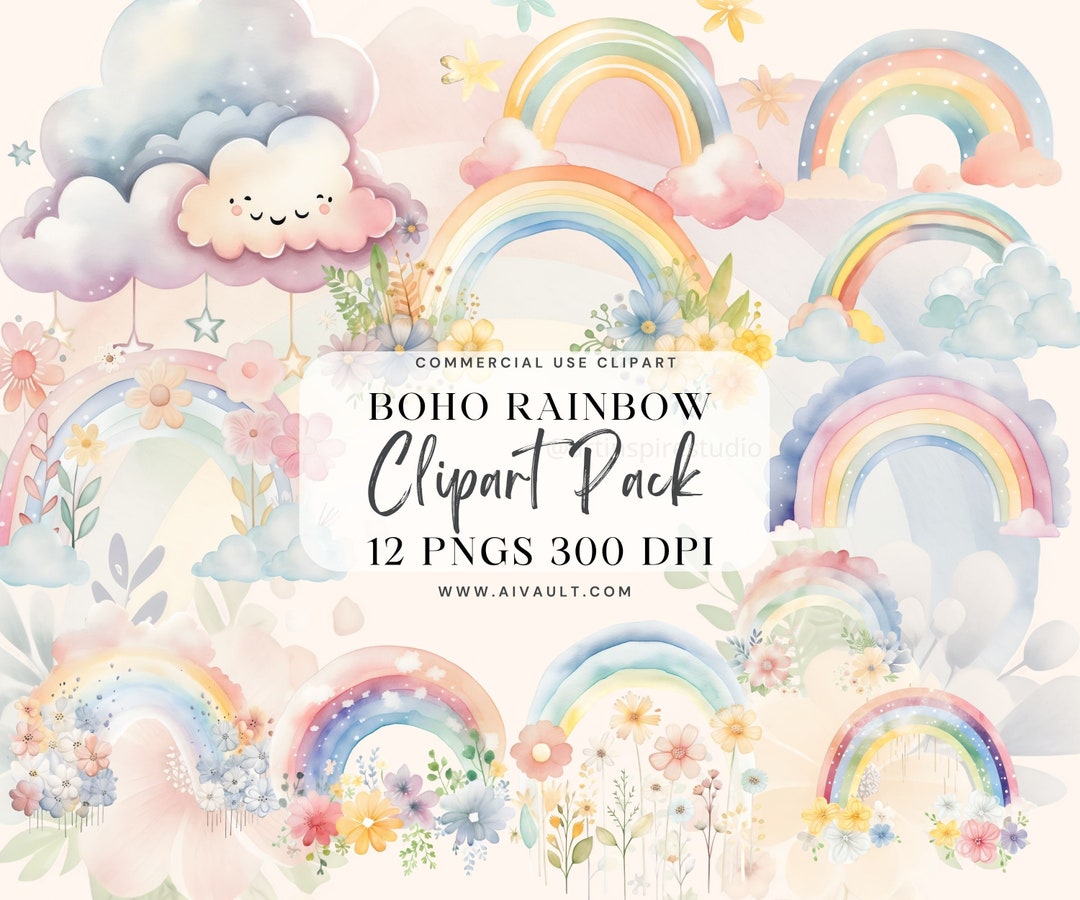 Pastel Boho Rainbow Clipart, Watercolor Rainbow Clipart, Watercolor ...