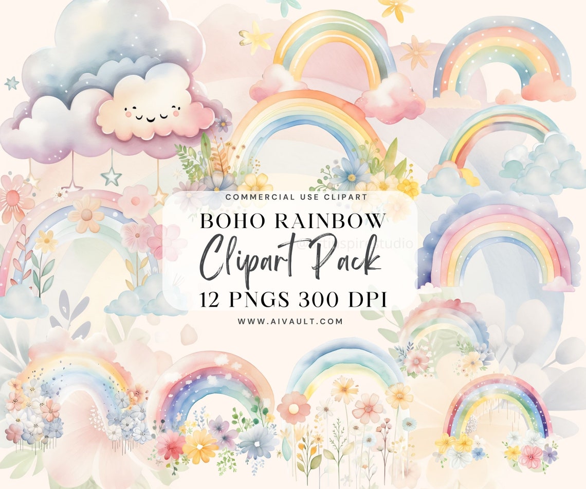 Pastel Boho Rainbow Clipart, Watercolor Rainbow Clipart, Watercolor ...