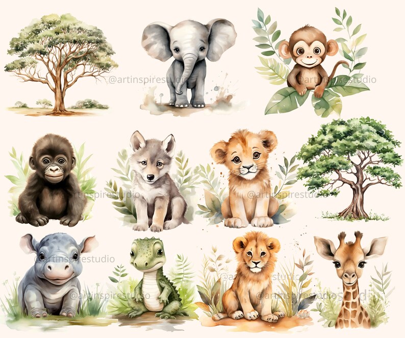 Safari Animals Clipart Watercolor Jungle Animals Nursery Wall - Etsy