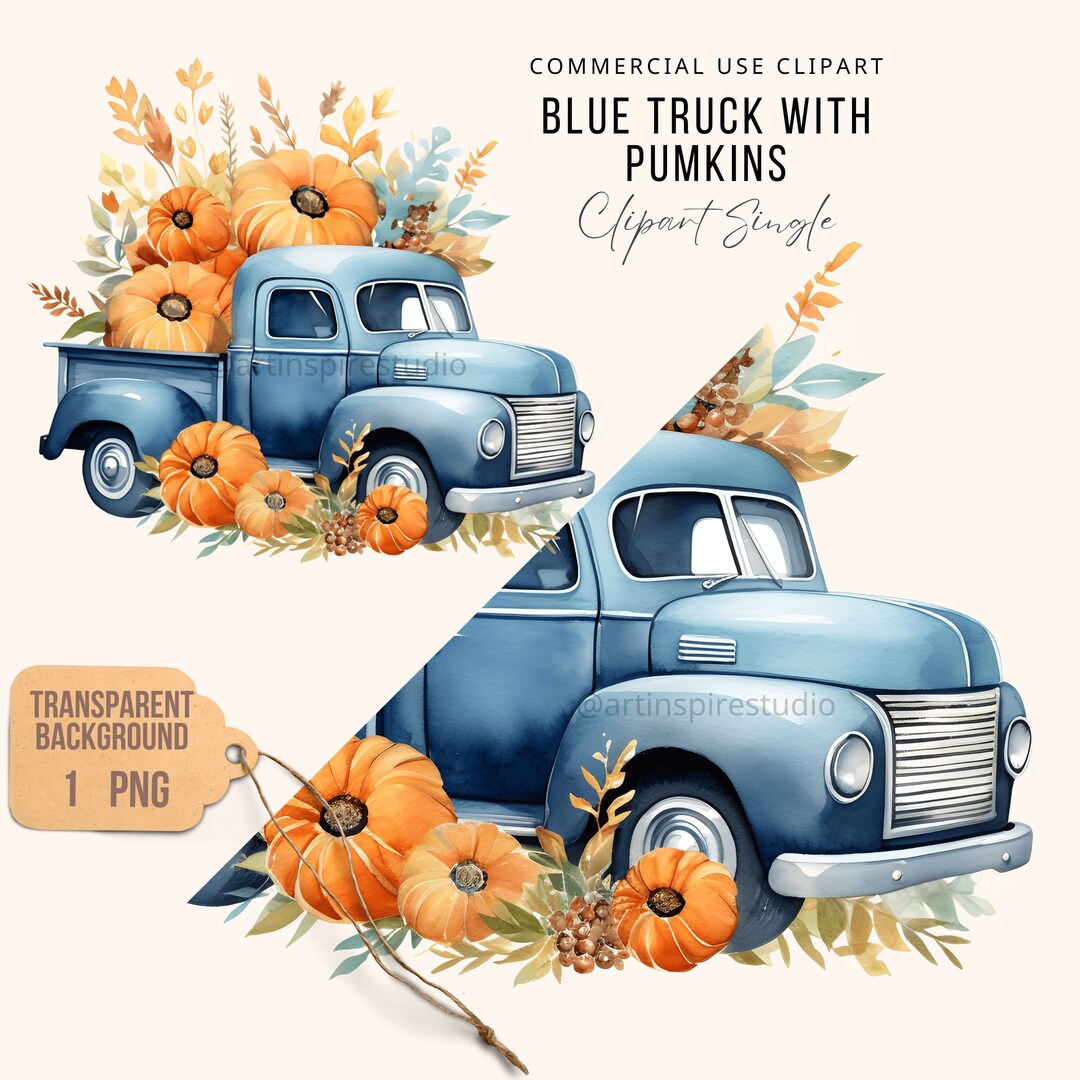 Blue Truck Pumpkin Clipart Commercial Use SINGLE IMAGE PNG Vintage Fall ...