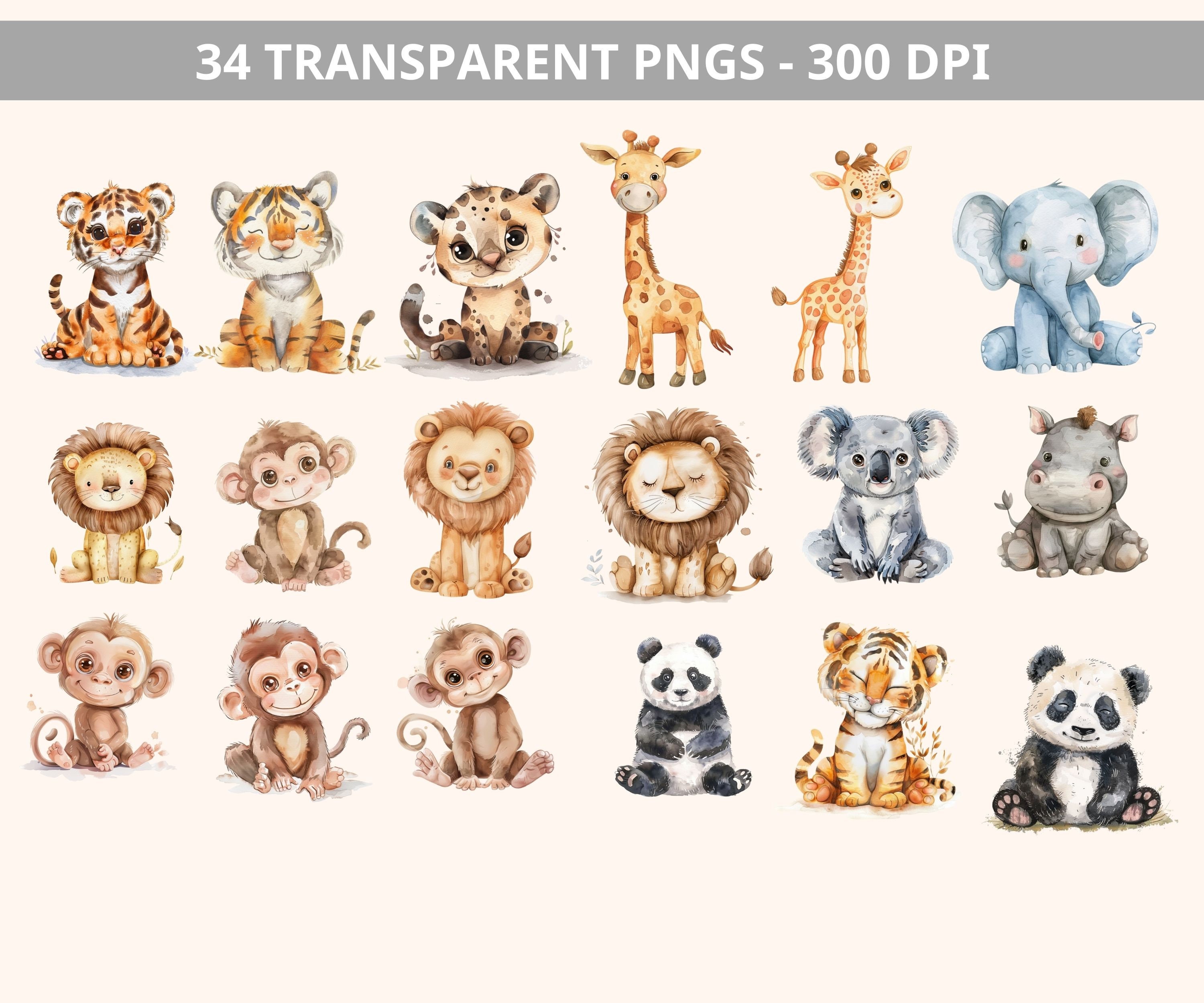 Baby Safari Animals Watercolor Clipart, Zebra Lion Tiger Hippo Tropical ...