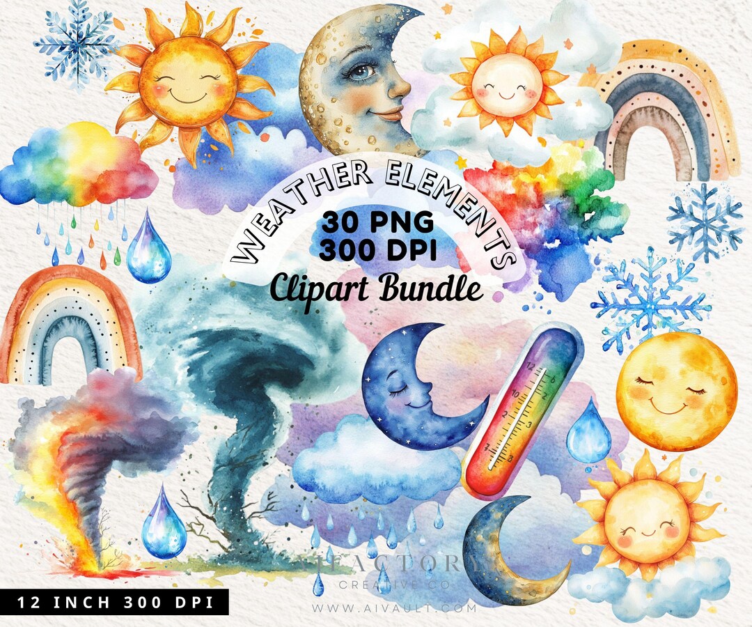 Watercolor Weather Clipart, Clouds Clipart, Rain, Tornado, Thermometer ...