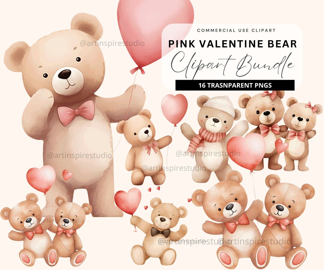Pink Valentine Bear Clipart, Watercolor Valentines Day, Vintage ...
