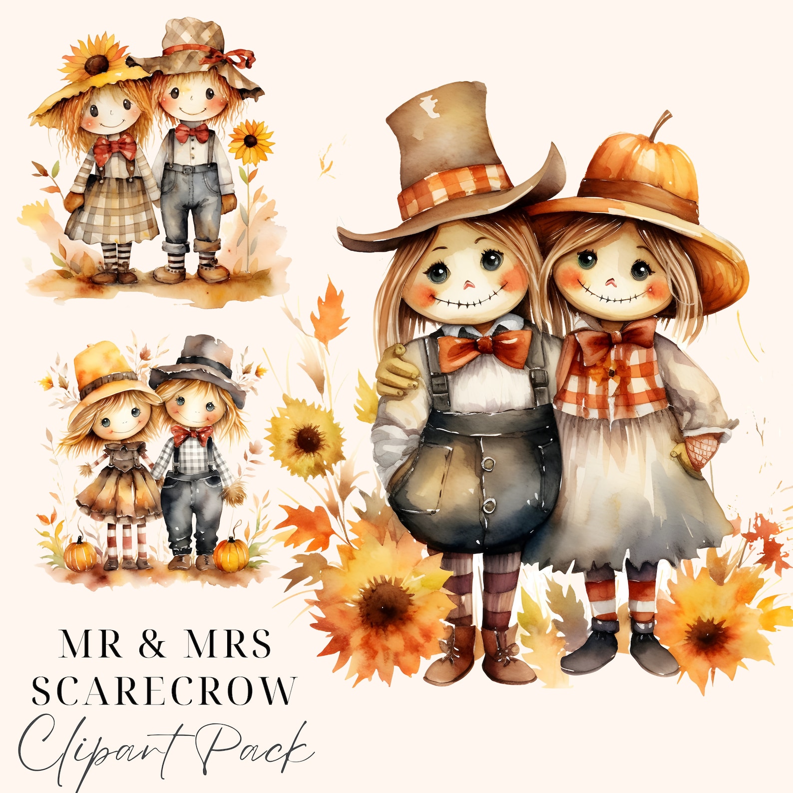 Mr and Mrs Scarecrow Clipart, Scarecrow Clip Art Fall Watercolor ...