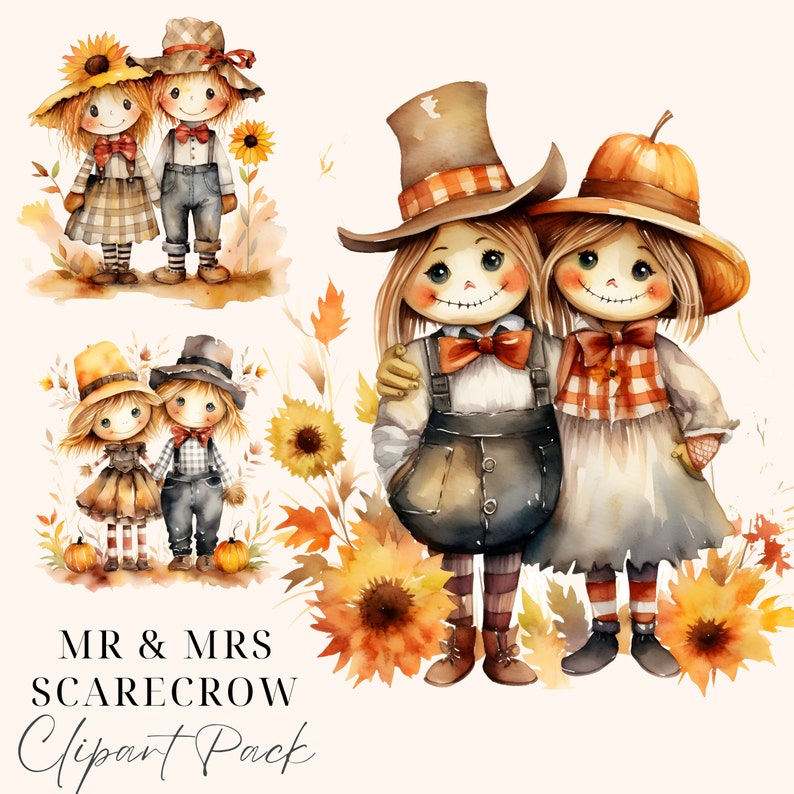 Mr and Mrs Scarecrow Clipart, Scarecrow Clip Art Fall Watercolor ...