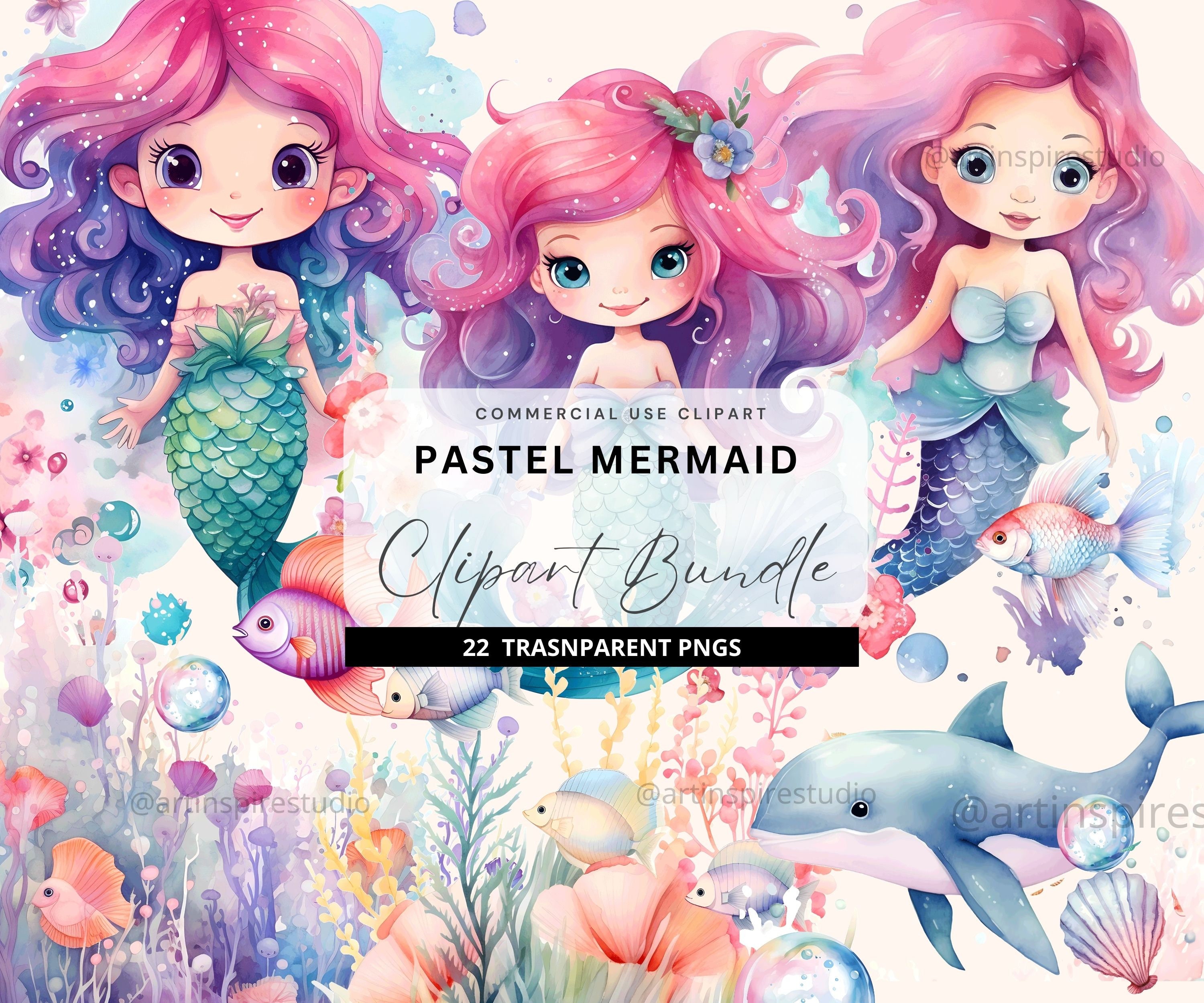 Mermaid Clipart Pastel Under The Sea Clipart Watercolour Mermaid Png Ocean Commercial Use