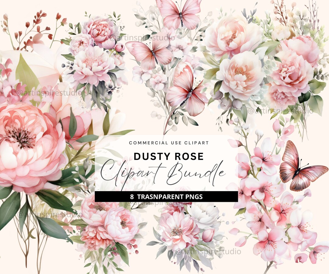 Dusty Pink Floral Clipart, Light Pink Flower Bouquet, Watercolor Clip ...