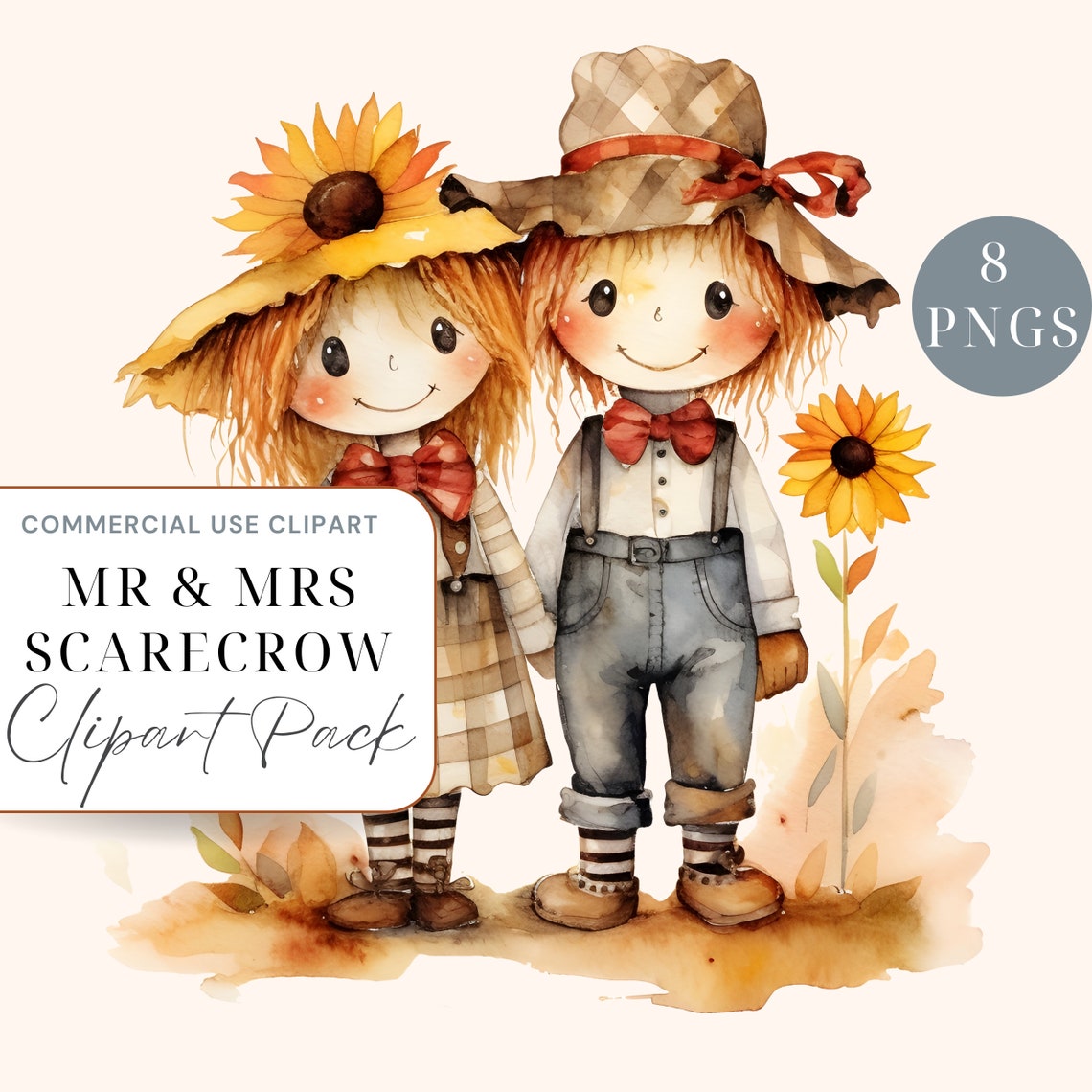 Mr and Mrs Scarecrow Clipart, Scarecrow Clip Art Fall Watercolor ...