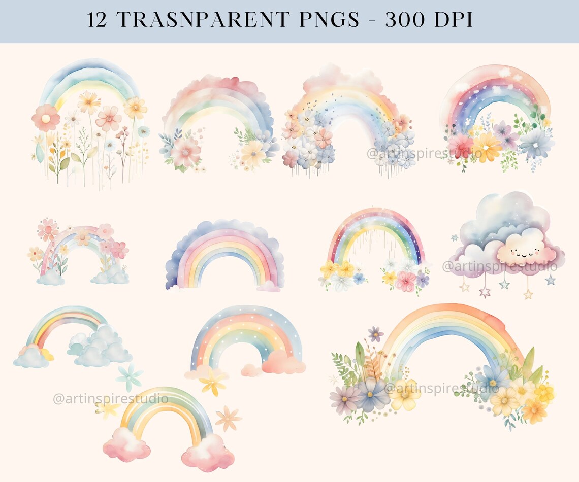 Pastel Boho Rainbow Clipart, Watercolor Rainbow Clipart, Watercolor ...
