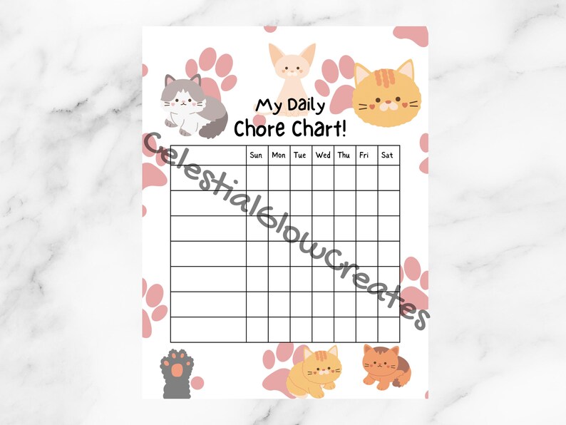 Kitten Themed Printable Chore Chart for Kids and Teens, Downloadable ...