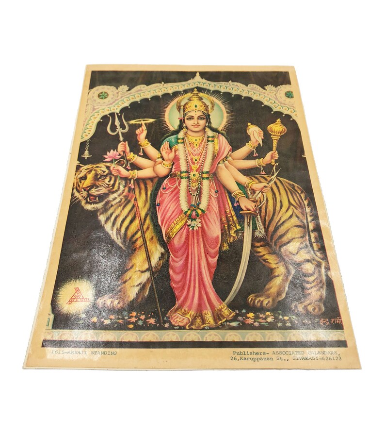 Vintage 1950s Indian Art Print Goddess of Ambaji With Tiger - Etsy