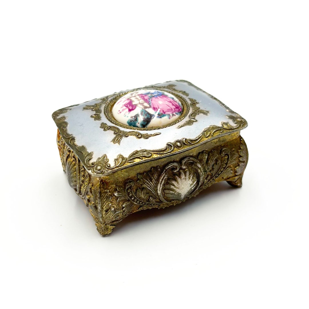 Vintage Metal Enamel Trinket Box With Cameo Top European Couple - Etsy