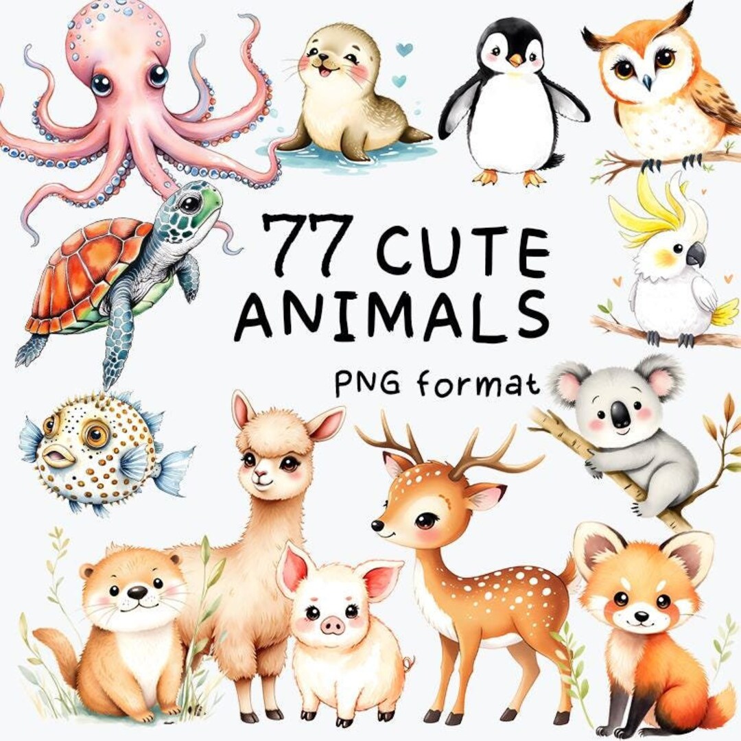 Cute Animals Watercolor Digital Clipart, Cute Animals, Baby Animals ...