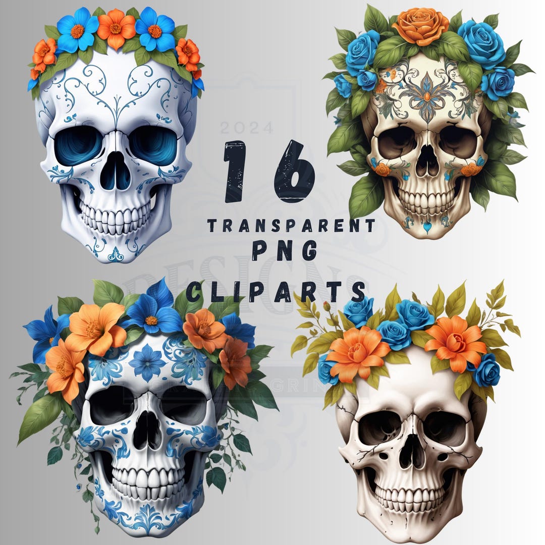 Watercolor Floral Skull Clipart: Gothic Fantasy PNG Bundle (digital ...