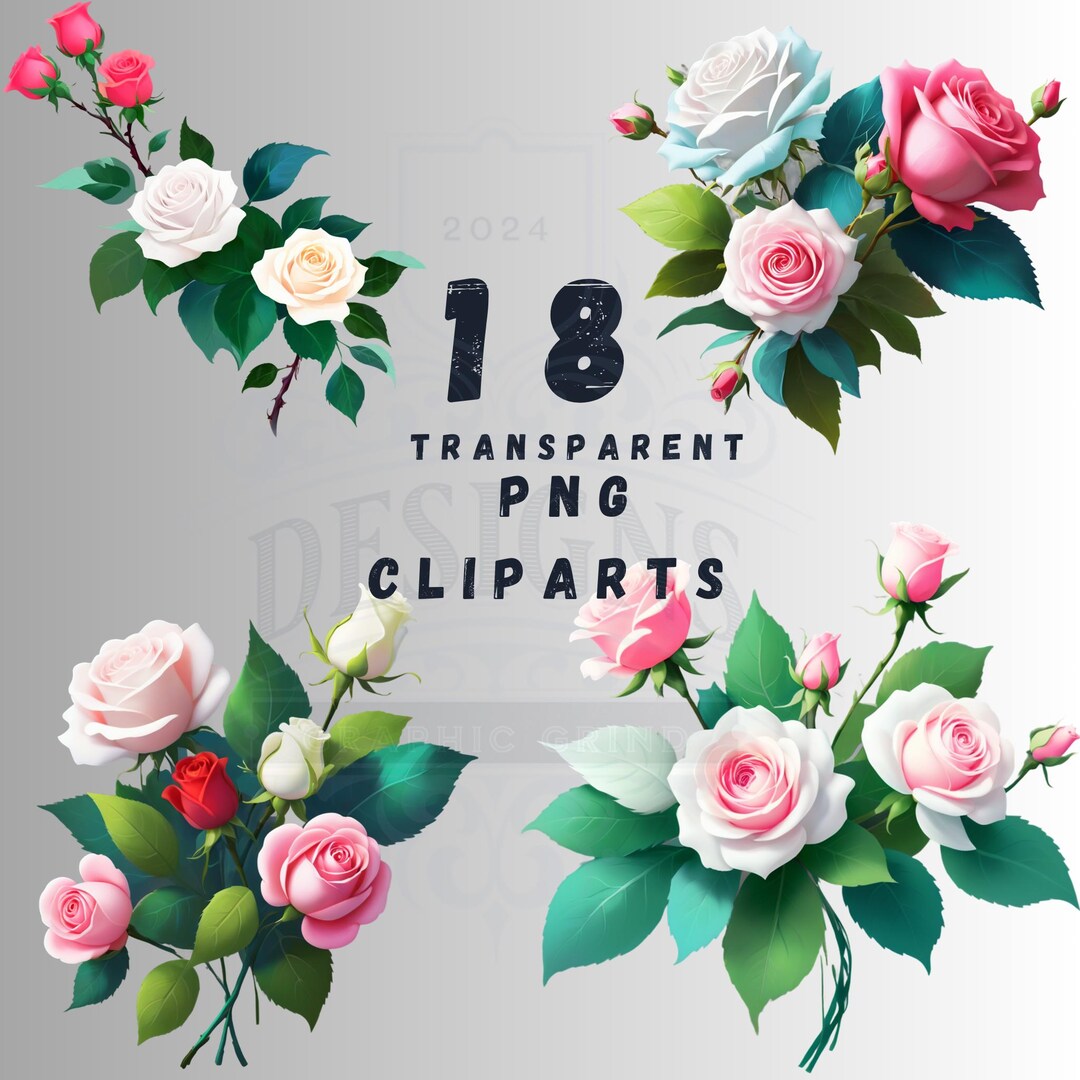 Rose PNG Bundle, Floral Clipart Set, Pink White Flower Collection ...