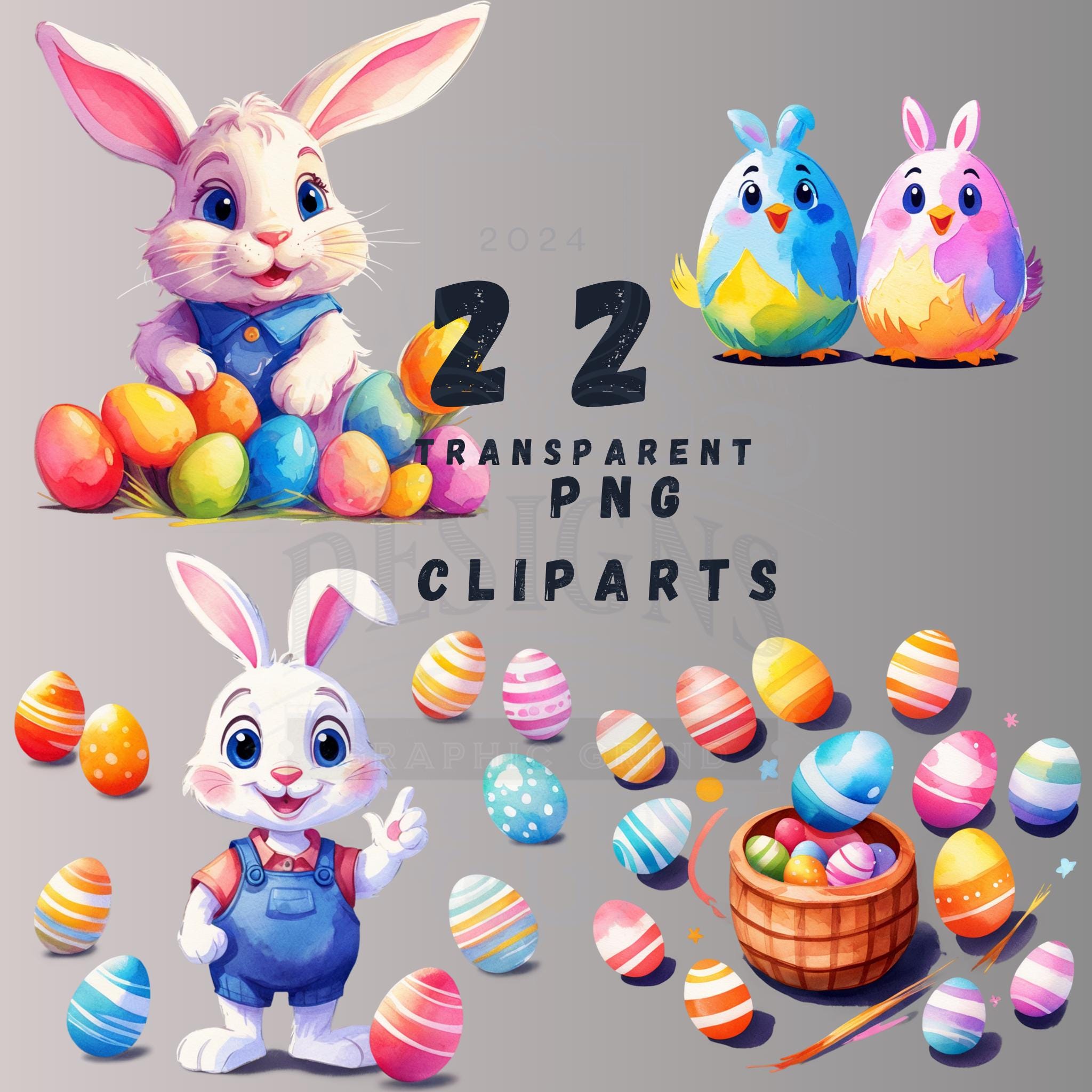 22 Easter Bunny and Egg Clipart, Easter Clipart, Printable Watercolor ...