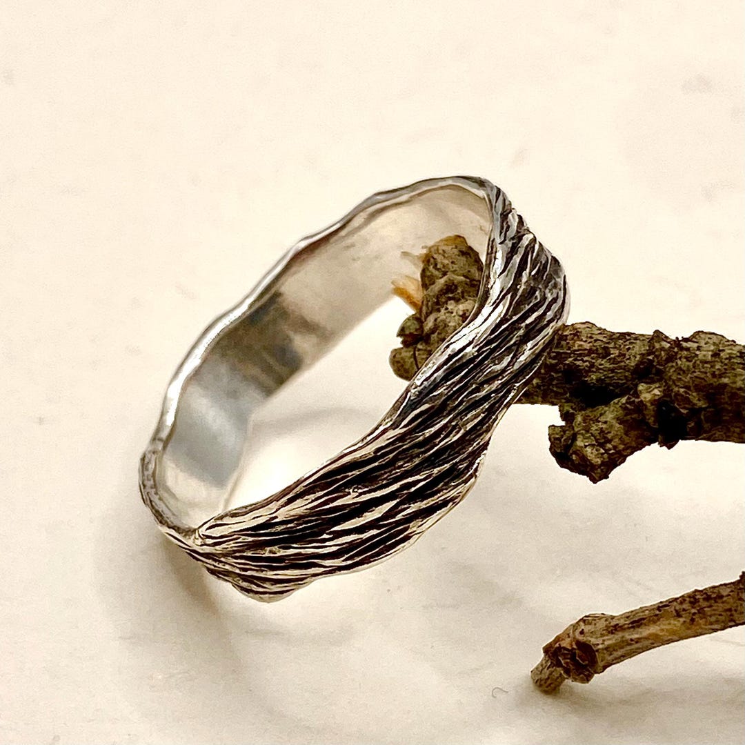 S999 Sterling Silver Bark Texture Ring, Hand Carved Band, Branch Silver ...
