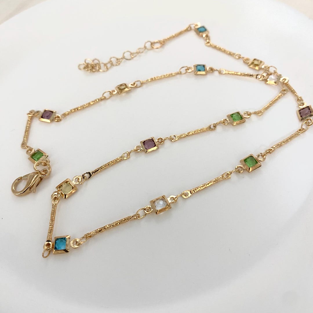 Colored Gemstone Necklace, 14k Gold Plated Necklace, Multi Gemstone ...