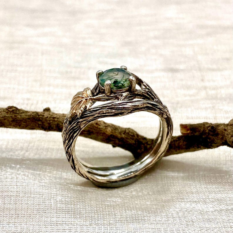Natural Moss Agate Sterling Silver Wedding Ring Set, Featuring Maple ...