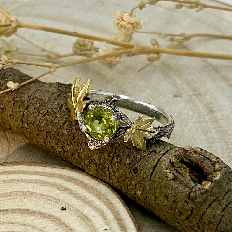 Natural Peridot Tree Branch Silver Ring, Twig and Leaf Ring, Women's ...