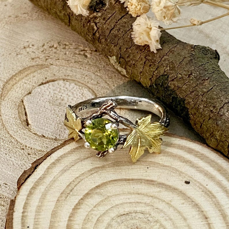 Natural Peridot Tree Branch Silver Ring, Twig and Leaf Ring, Women's ...