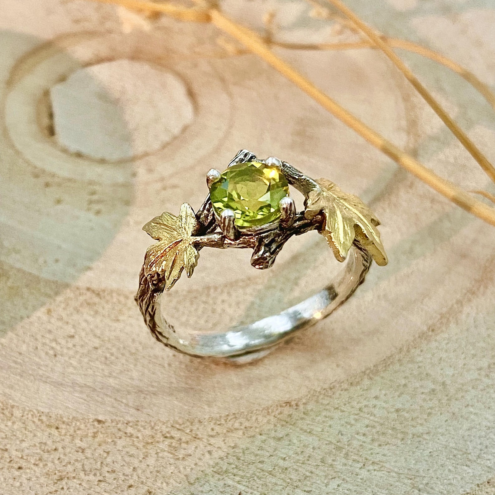 Natural Peridot Tree Branch Silver Ring, Twig and Leaf Ring, Women's ...
