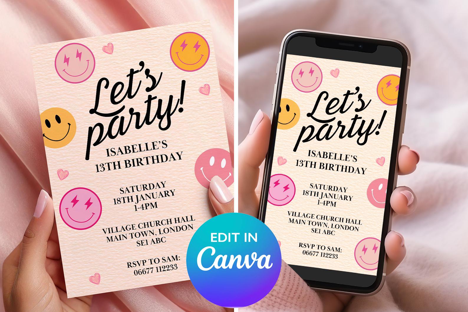 Smiley Birthday Party Invitation | Editable Template | Digital Download ...