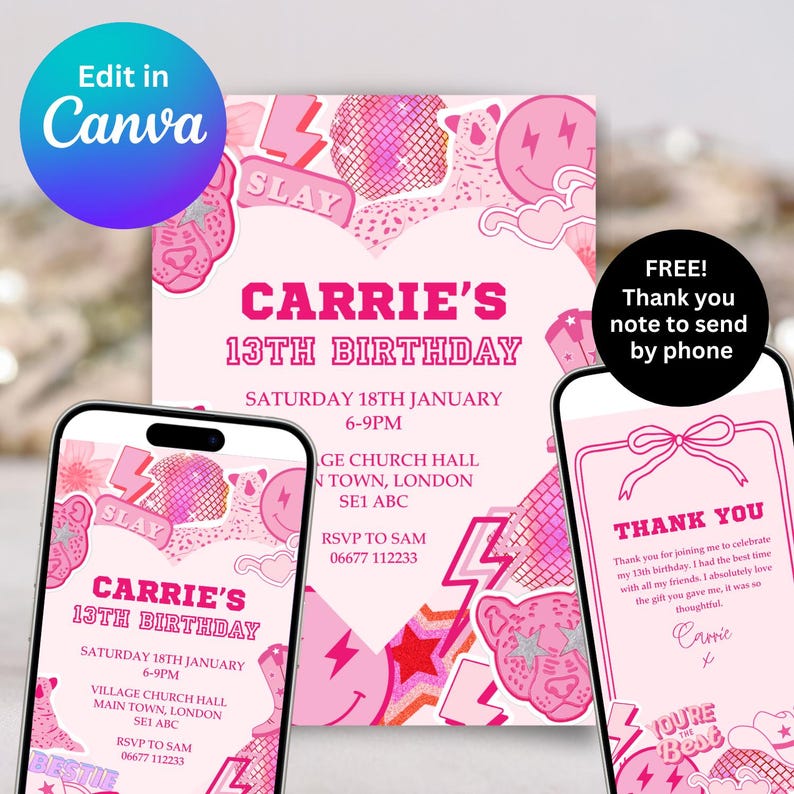 Preppy Pink Party Invitation Template | Editable Canva Design ...