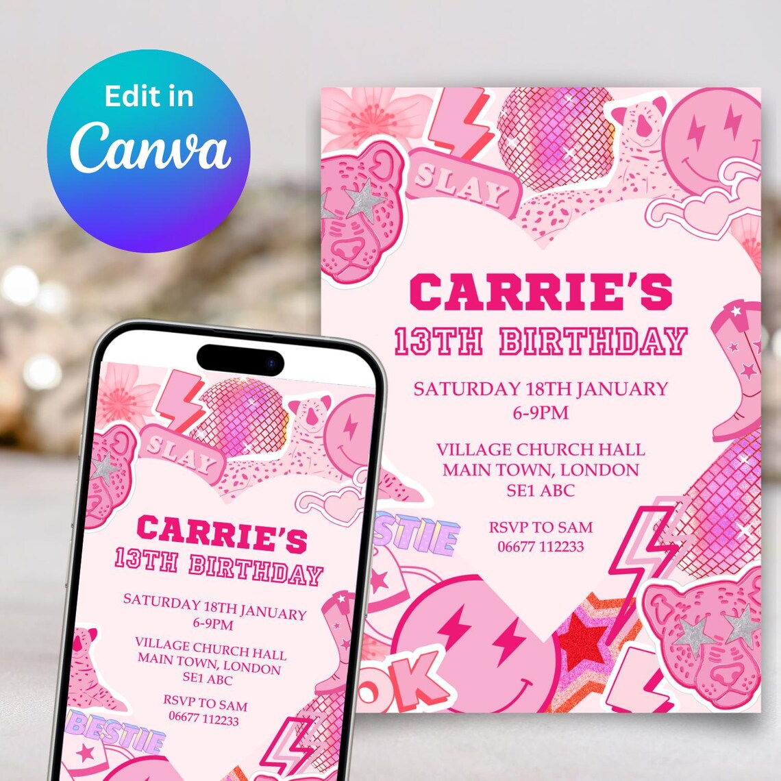 Preppy Pink Party Invitation Template | Editable Canva Design ...