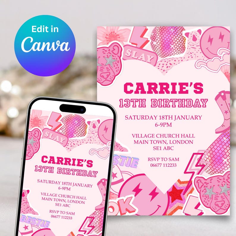 Preppy Pink Party Invitation Template | Editable Canva Design ...