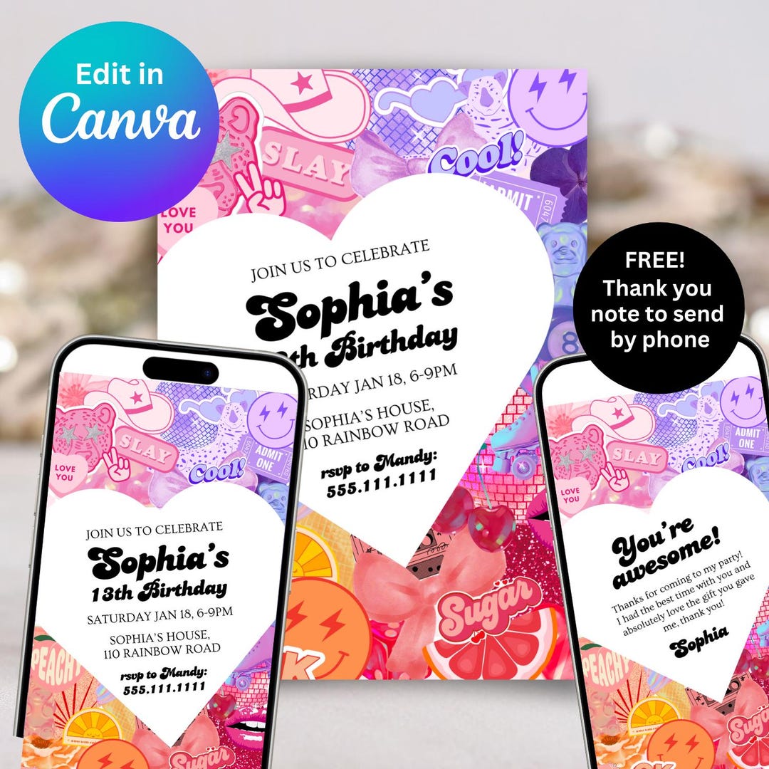 Rainbow Collage Birthday Invitation Bundle | Editable Canva Template ...
